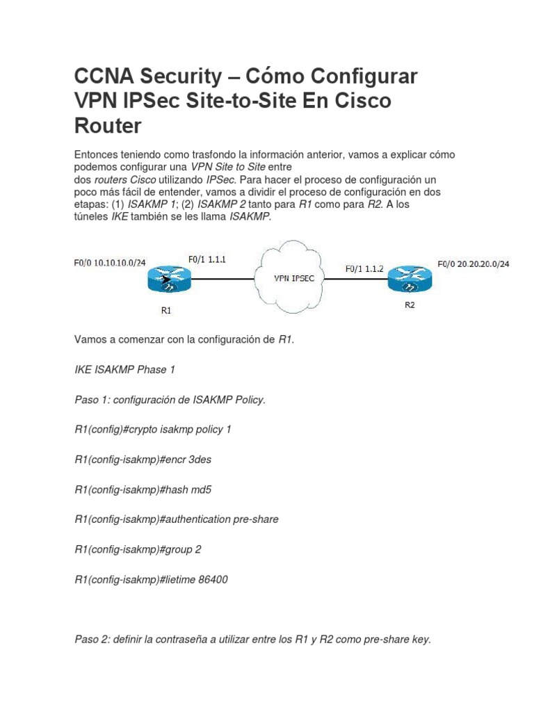 Configuración de VPN Site To Site en Router Cisco (Ipsec) | PDF ...