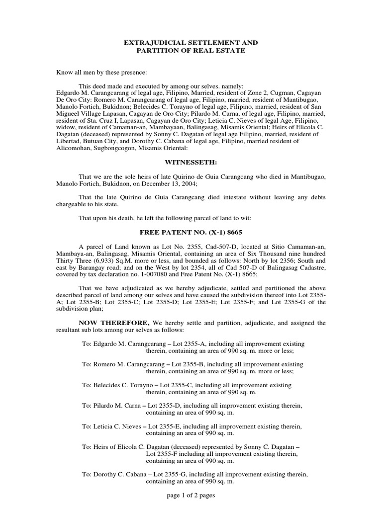 Extrajudicial Settlement and Partition of Real Estate | PDF | Natural ...