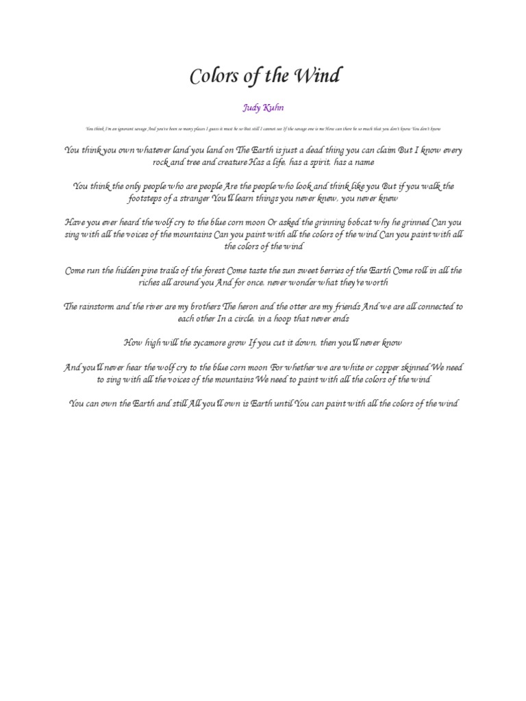 "Colors of the Wind Lyrics Analysis" | PDF
