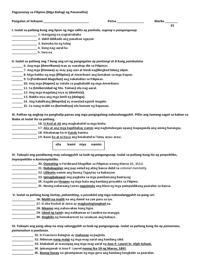Pagsasanay Sa Filipino (Bahagi NG Pananalita) | PDF