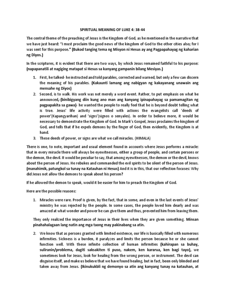 Reflection Luke 4, 38 44 | PDF | Gospel Of Luke | Demons