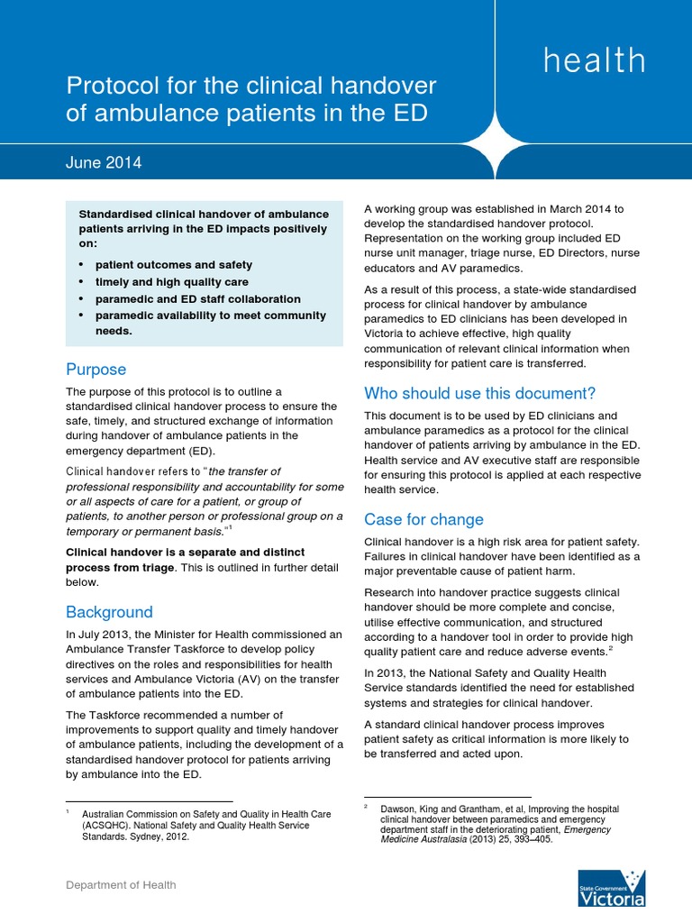 Standardised Handover Protocol 2014 PDF | PDF | Emergency Department | Ambulance