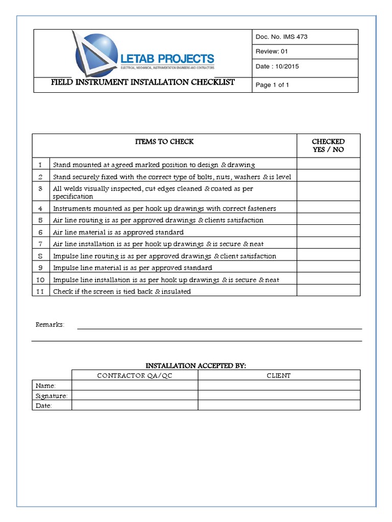 Field Instrument Installation Checklist