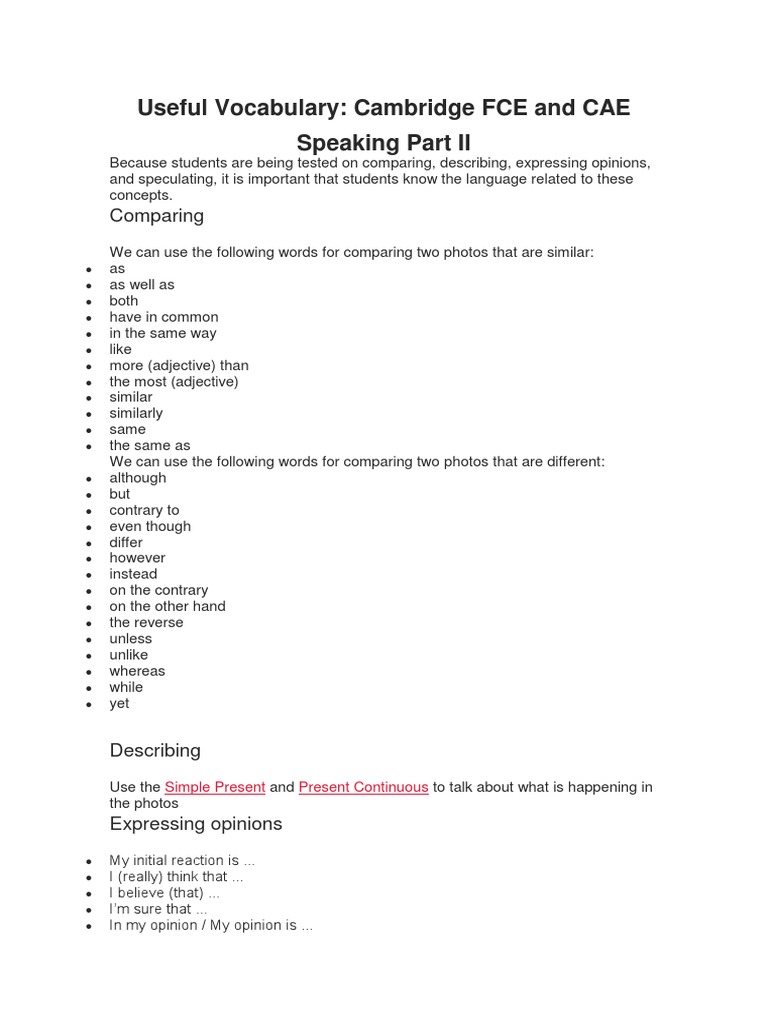 Useful Vocabulary: Cambridge FCE and CAE Speaking Part II: Comparing | PDF