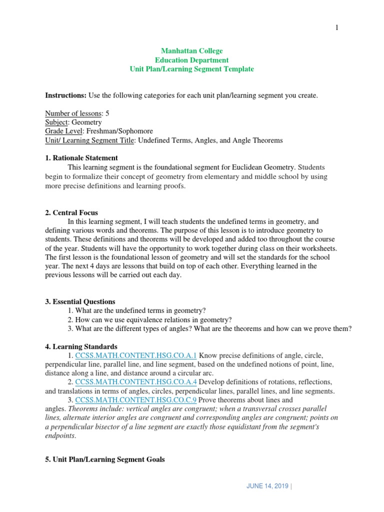 Learning Segment-And 5 Day Lesson Plan Template | PDF | Line (Geometry ...