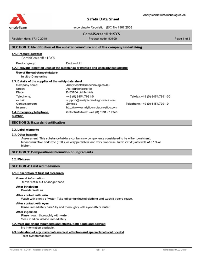 Safety Data Sheet: Combiscreen® 11sys | PDF | Toxicity | Solubility