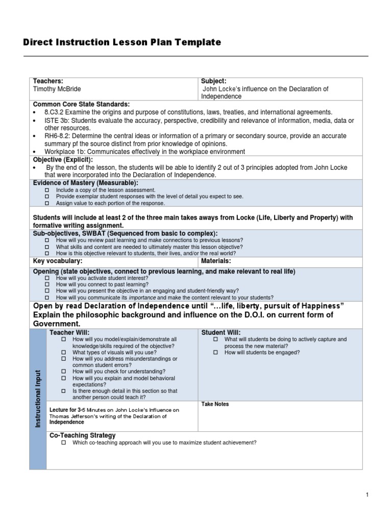 Direct Instruction Lesson Plan Template | PDF | United States ...