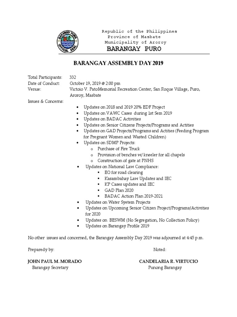 Summary of the Barangay Assembly Day 2019 held in Puro, Aroroy, Masbate ...