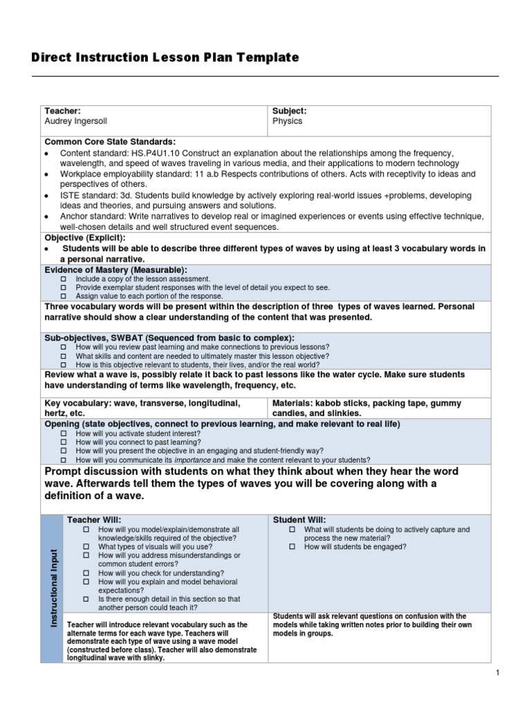 Direct Instruction Lesson Plan Template | PDF | Teachers | Waves