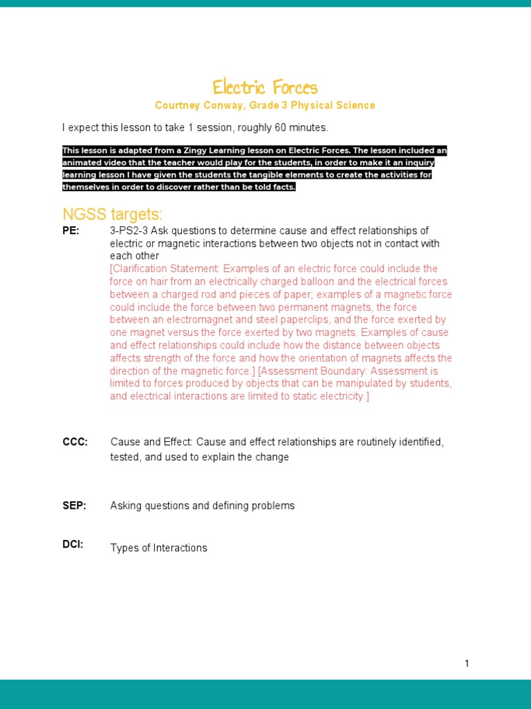 Courtney Conway - Lesson Plan 1 | PDF | Force | Electric Charge