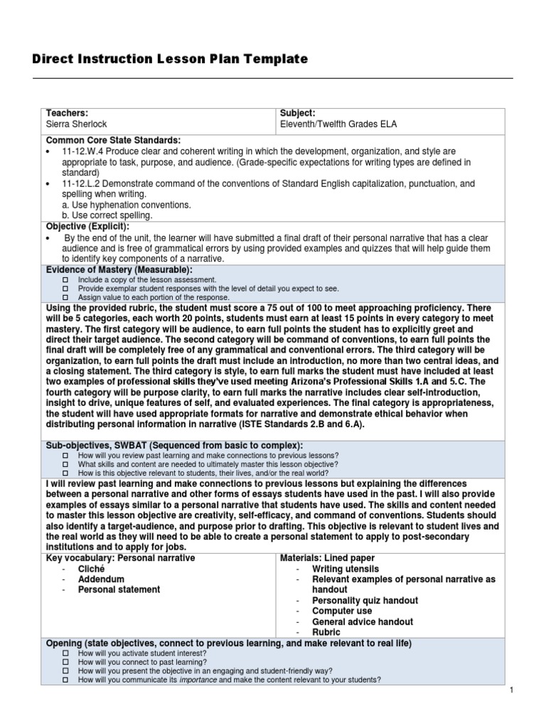ELA Lesson Plan: Personal Narrative Writing | PDF | Rubric (Academic ...