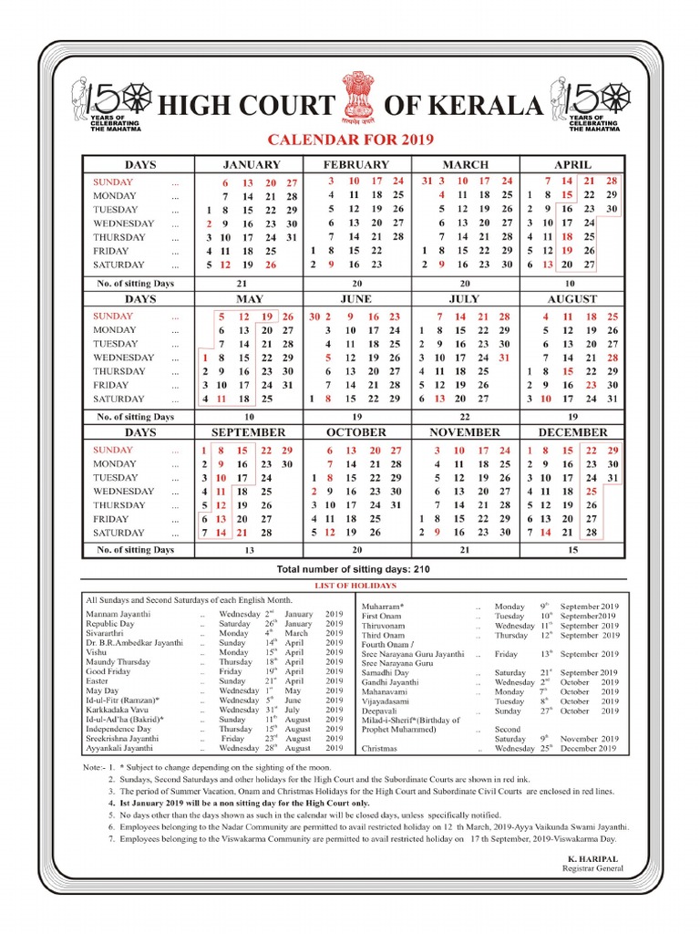 Kerala High Court Calendar 2019 | PDF