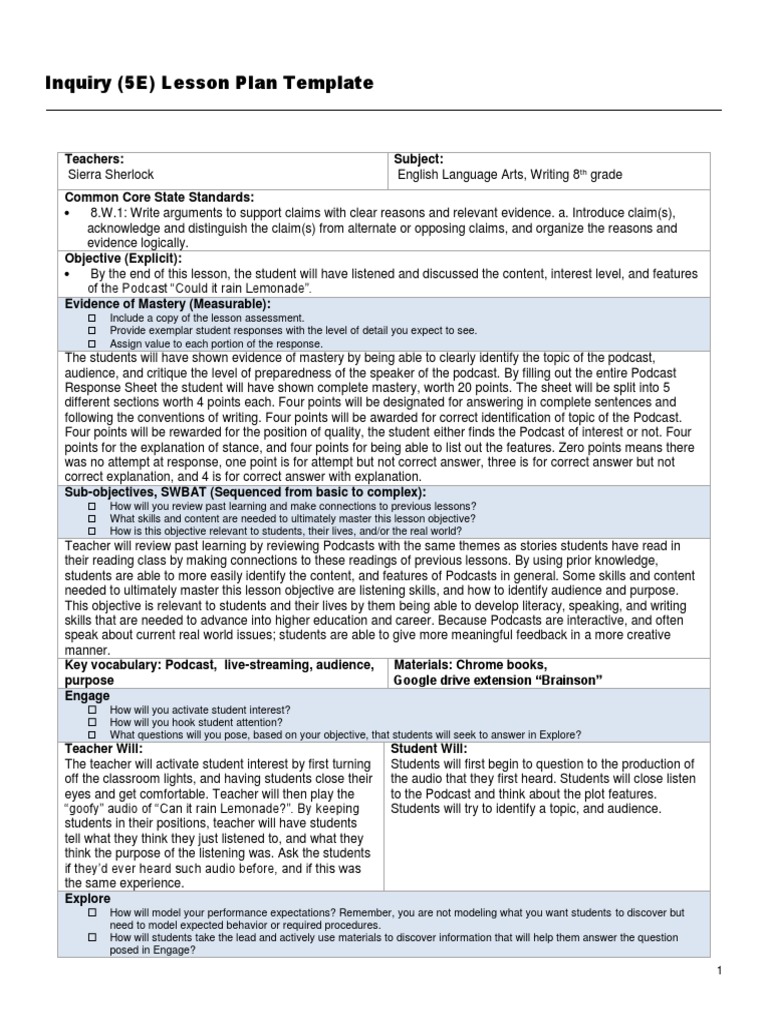 Inquiry (5E) Lesson Plan Template | PDF | Question | Teachers