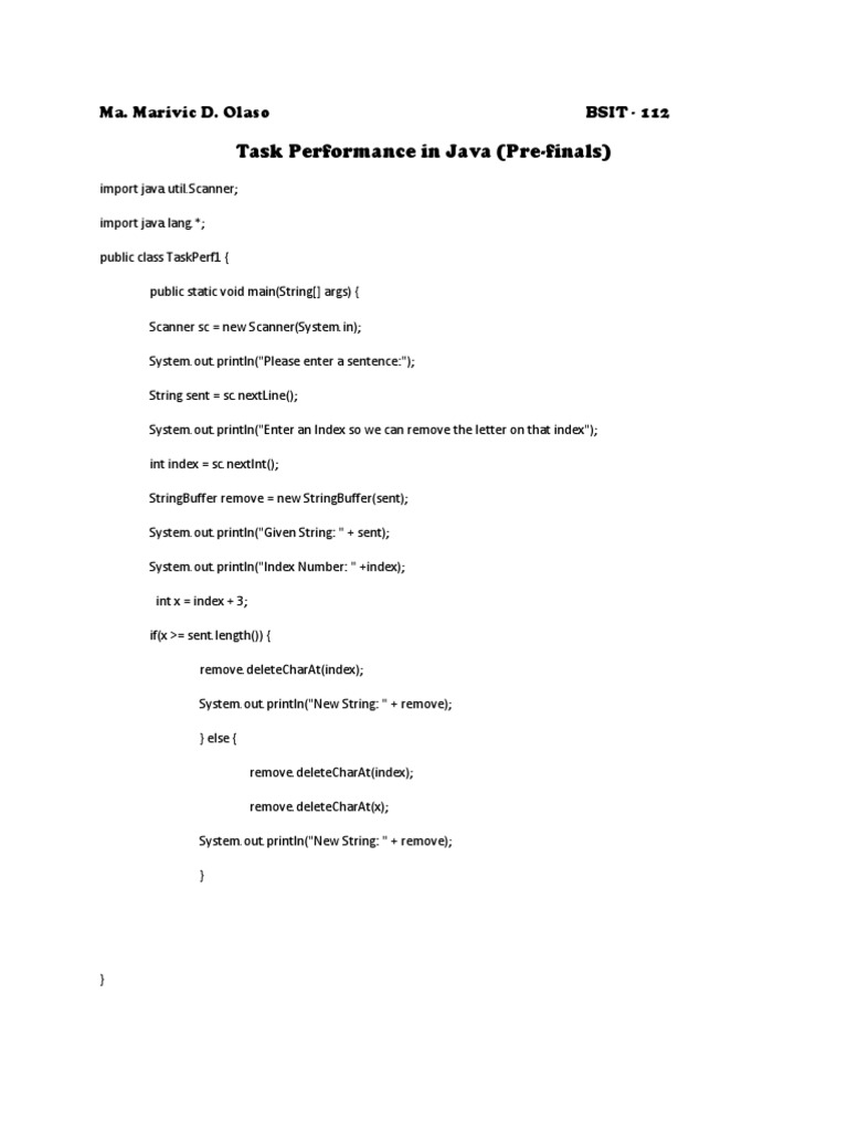 Task Performance in Java (Pre-Finals) : Ma. Marivic D. Olaso BSIT - 112 ...