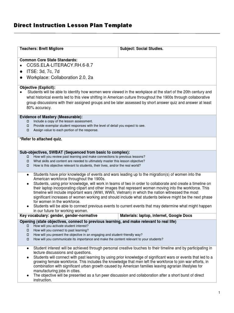 Direct Instruction Lesson Plan Template | PDF | Lesson Plan | Lecture