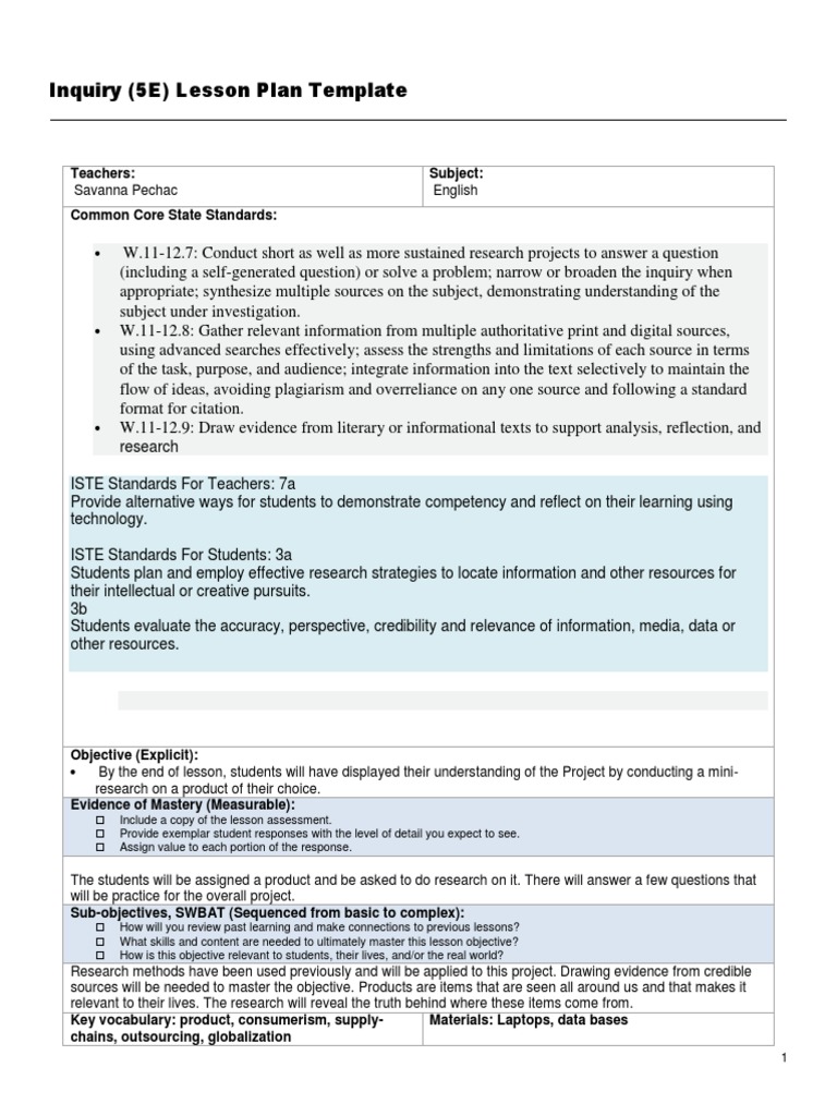 Inquiry (5E) Lesson Plan Template | PDF | Educational Assessment | Question