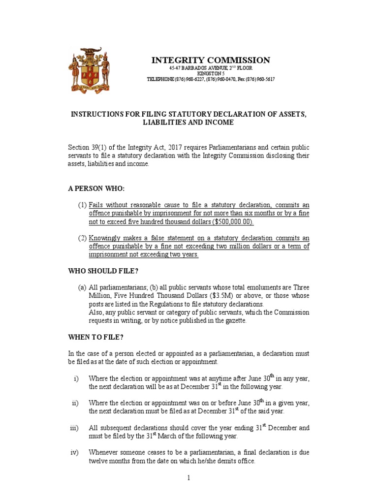 Instructions For Filing Statutory Declaration of Assets, Liabilities ...