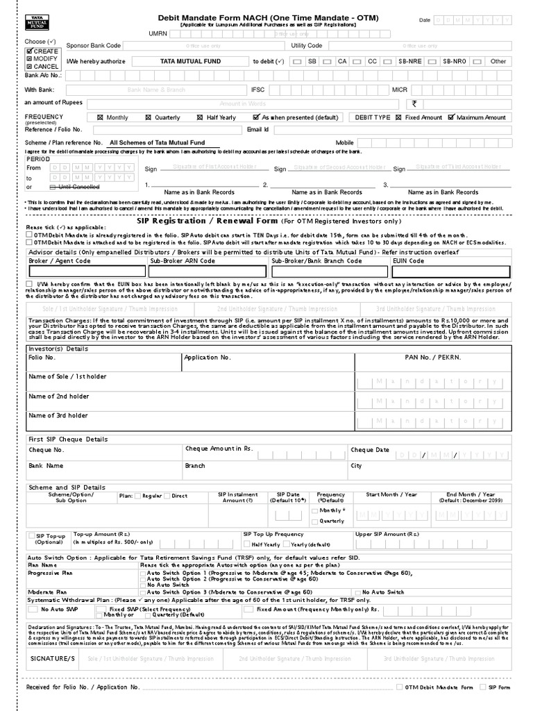 Sip Registration / Renewal Form: Debit Mandate Form Nach (One Time Mandate - Otm) | Download ...