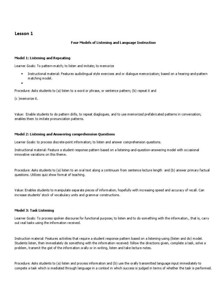 Four Models of Listening and Language Instruction 1 Midterms | PDF ...