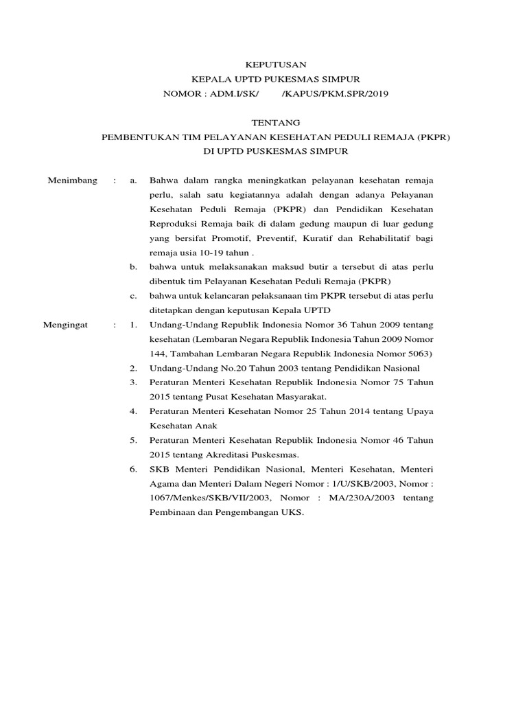 SK Tim PKPR | PDF | Pengembangan Diri | Kesehatan Holistik