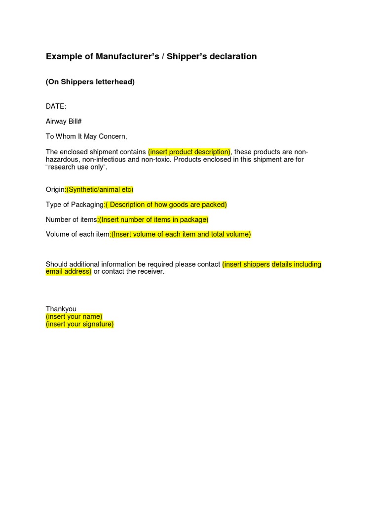 Example of Manufacturer 'S / Shipper's Declaration: (On Shippers ...