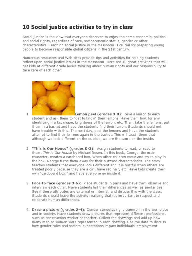 10 Social Justice Activities To Try in Class: Lemon Peel (Grades 3-8 ...