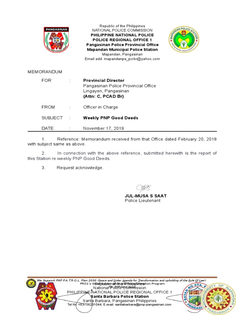 Weekly PNP Good Deeds Report | PDF | Philippines | Legal Action
