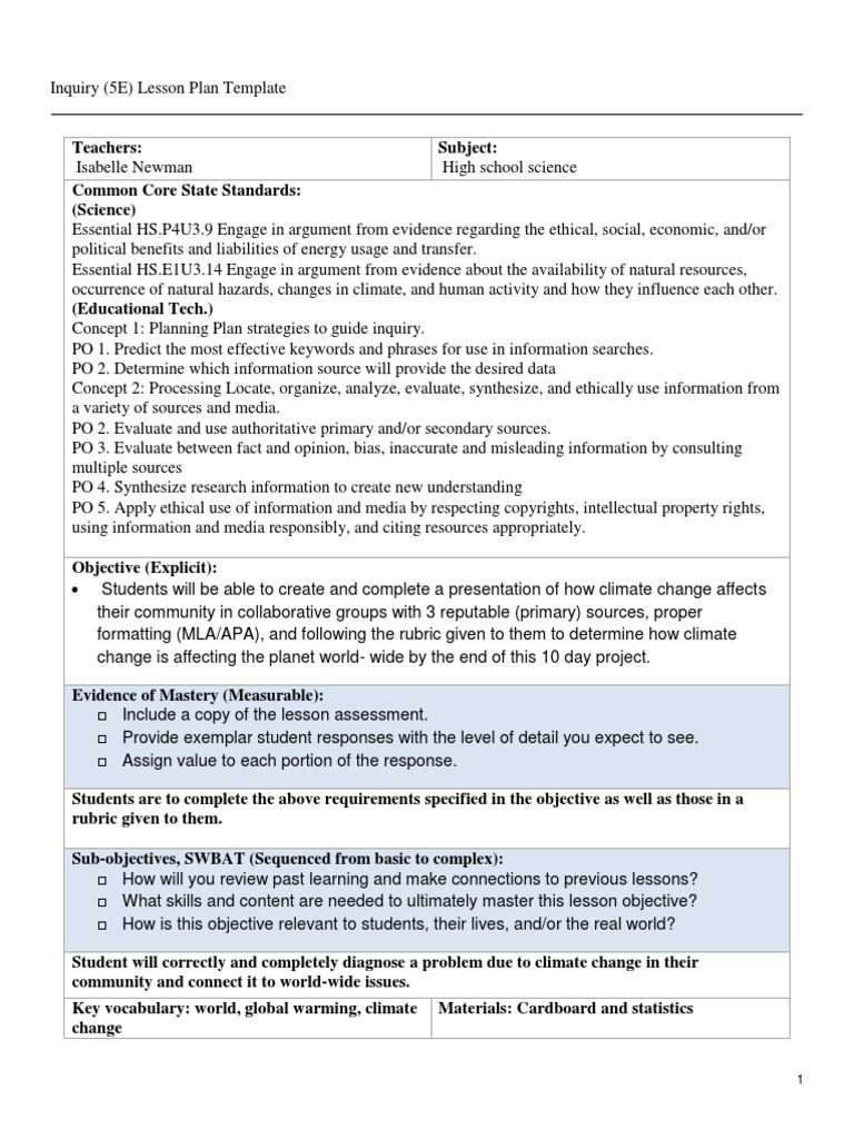 Inquiry-Based Lesson Plan Entry Event Tel 311 Newman Isabelle | PDF ...