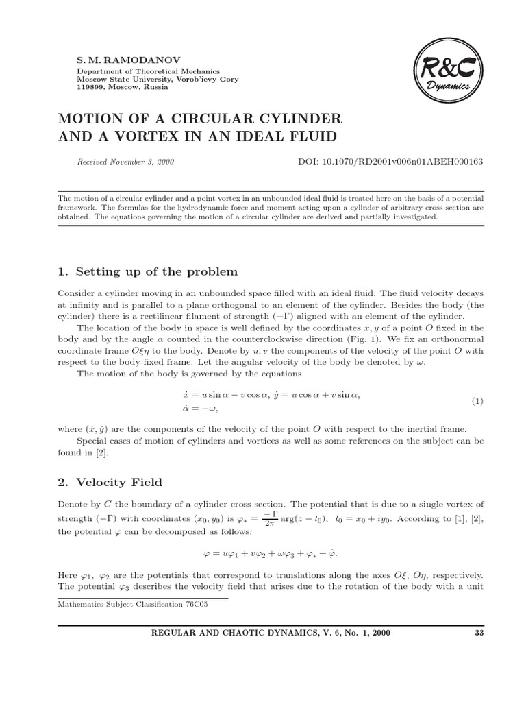 Motion of A Circular Cylinder and A Vortex in An Ideal Fluid | PDF ...