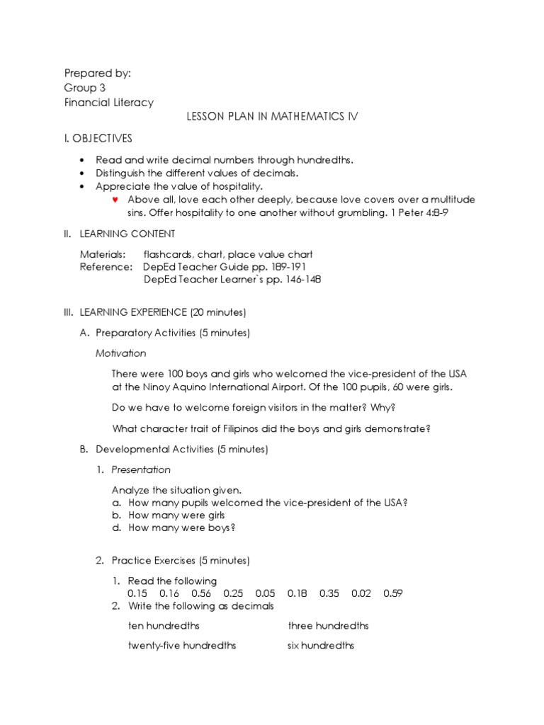 Prepared By: Group 3 Financial Literacy Lesson Plan in Mathematics Iv I ...