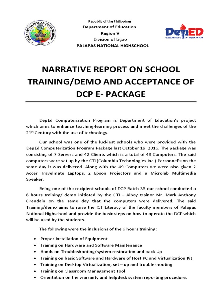Narrative Report On School Training/Demo and Acceptance of DCP E ...
