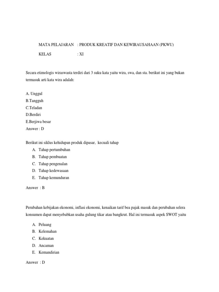 Soal PKWU Kelas XI TB, TKJ, BDP | PDF | Bisnis | Seni