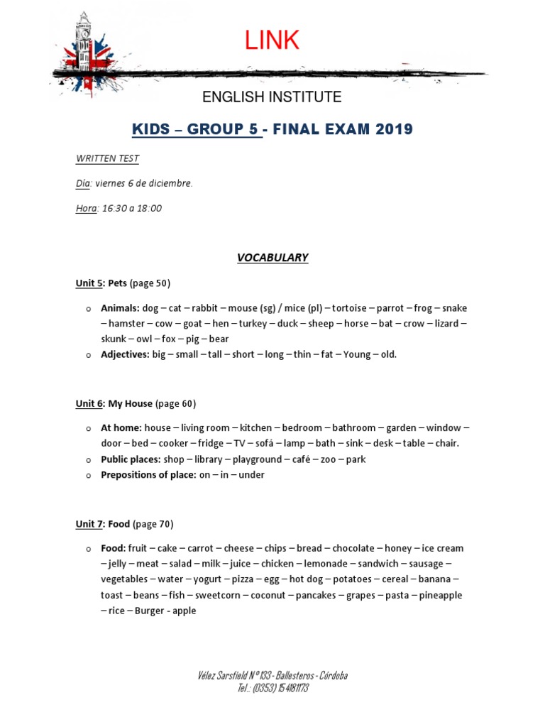 Kids - Group 5 - Final Exam 2019: English Institute | PDF | Foods | Cuisine