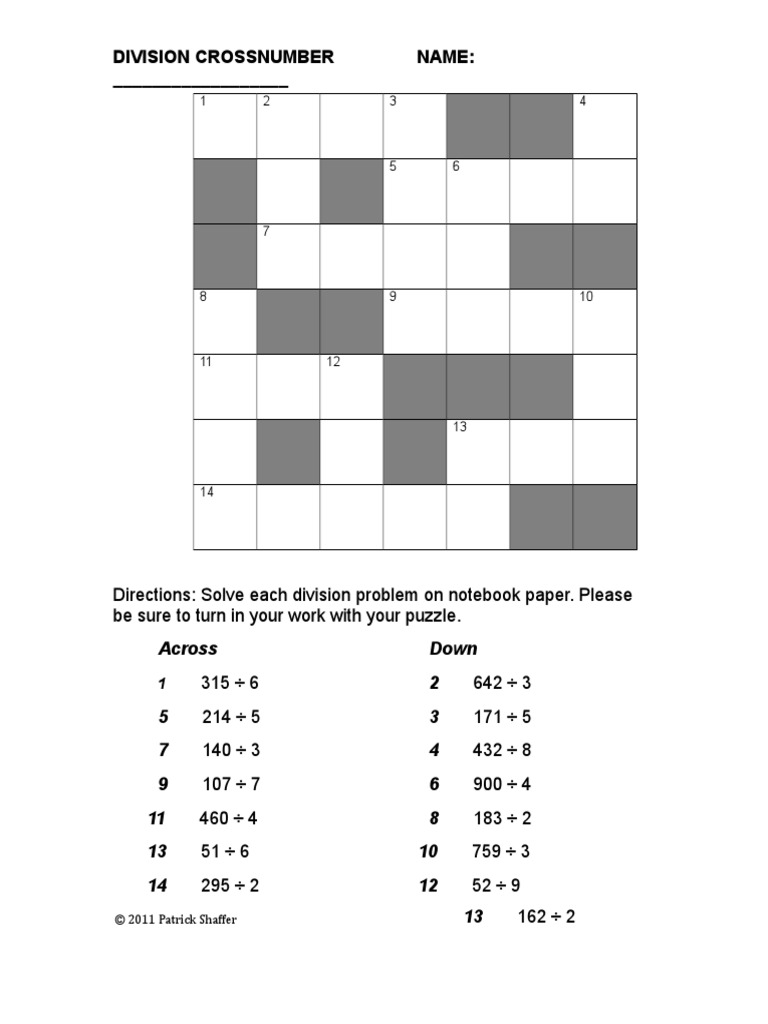 Division Cross Number Math Puzzle Free | PDF