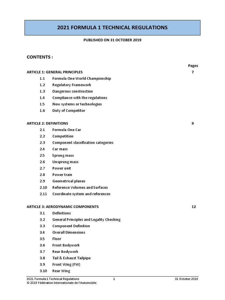 2021 Formula 1 Technical Regulations - 2019-10-31 | PDF | Fédération ...