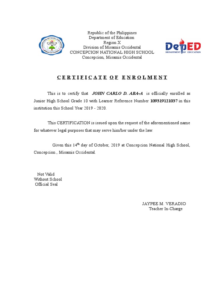Certificate of Enrollment Sample | PDF