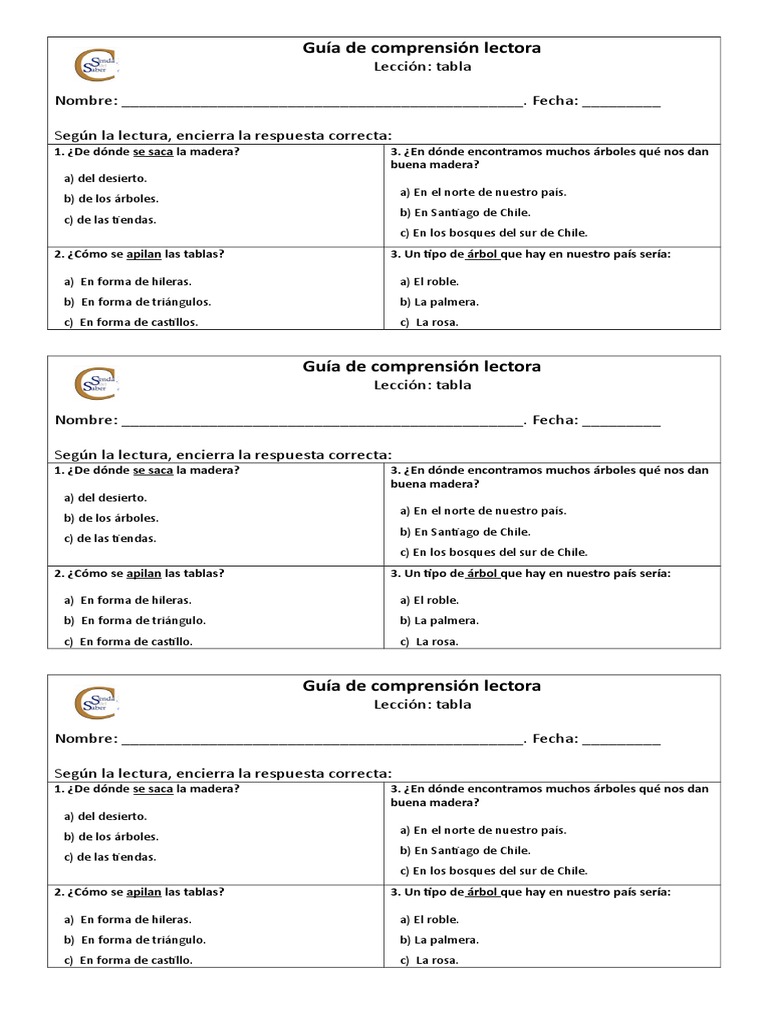 Guía de Comprensión Lectora - Lección Tabla | PDF