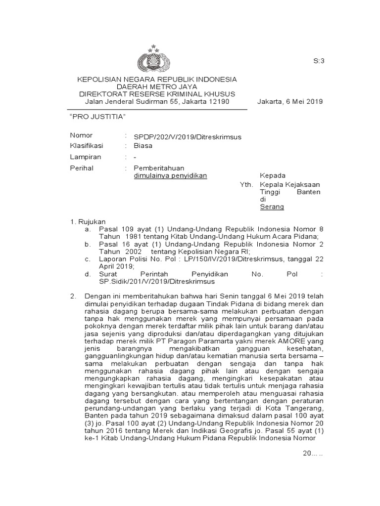 Surat Perintah Dimulainya Penyidikan | PDF