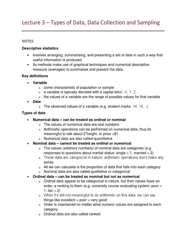 Lecture 3 - Types of Data, Data Collection and Sampling: Notes | PDF ...