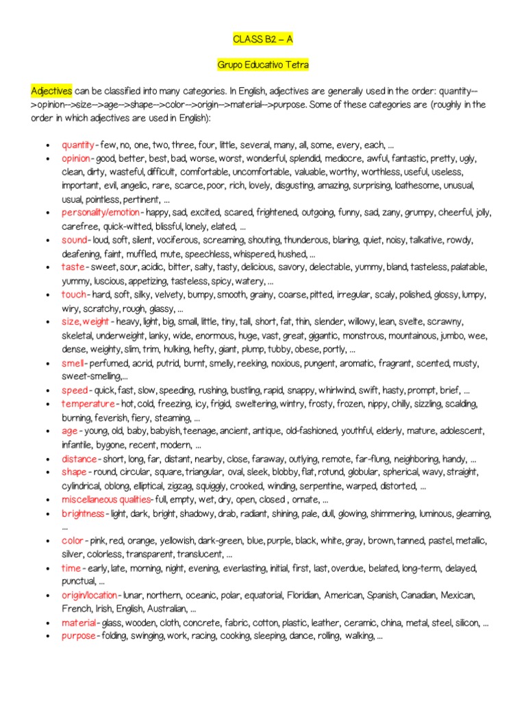 Adjectives List | PDF | Materials | Nature
