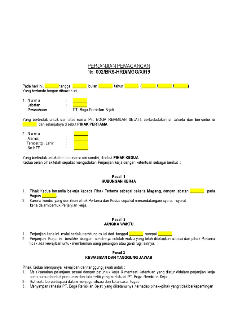 Perjanjian Kerja Magang PT Boga Rembilan | PDF