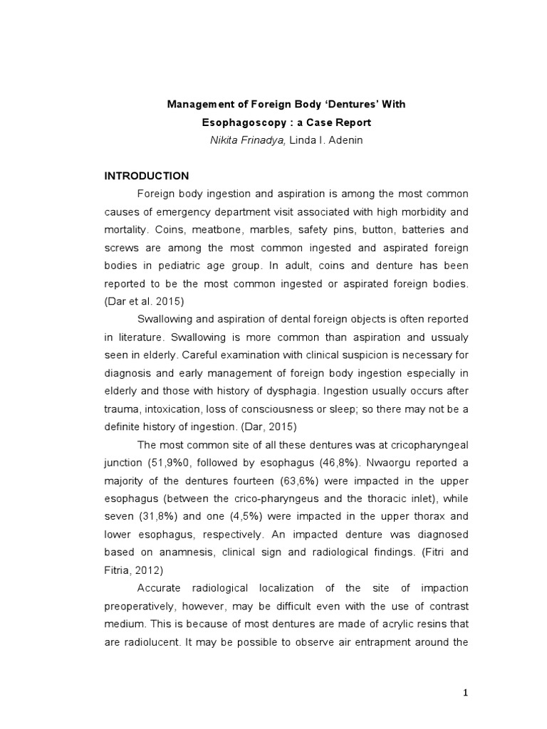 Management of Foreign Body Dentures' With Esophagoscopy: A Case Report ...
