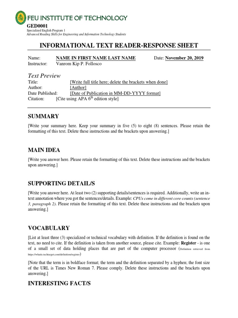 Informational Text Reader-Response Sheet | PDF | Citation | Central ...