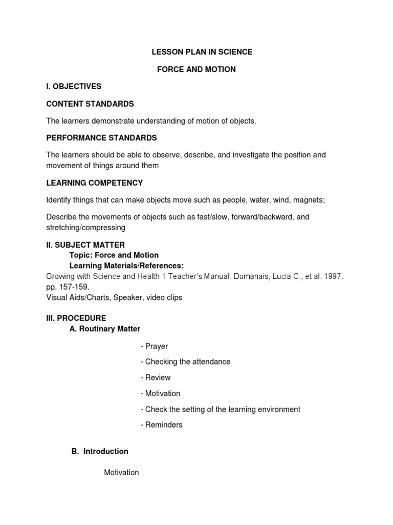 Force and Motion Lesson Plan | PDF | Force | Lesson Plan
