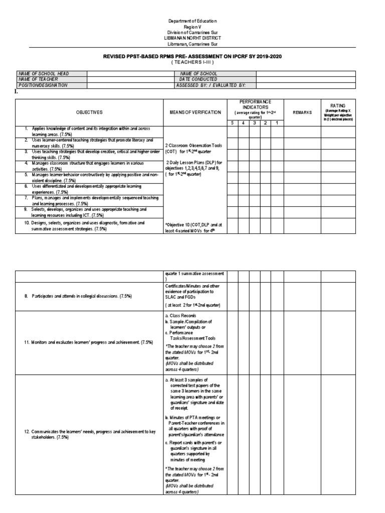 t1 3 Revised Rpms PPST Pre Assessment | PDF | Classroom | Teachers