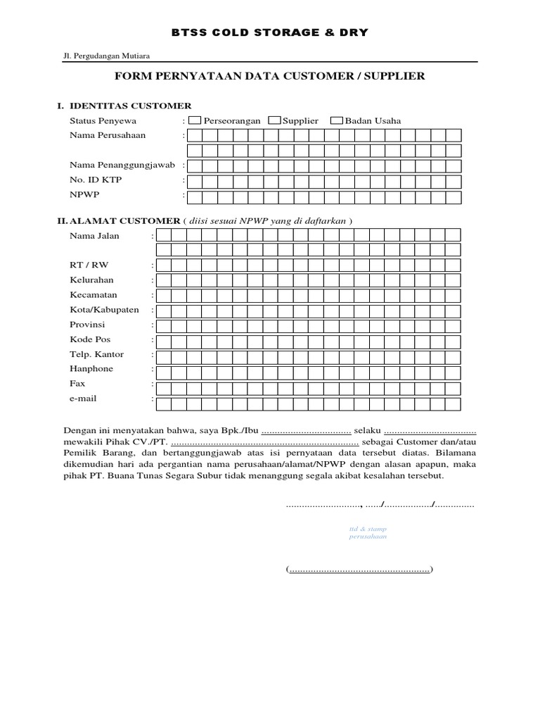 Formulir Data Customer & Supplier BTSS | PDF | Bisnis | Pengelolaan ...