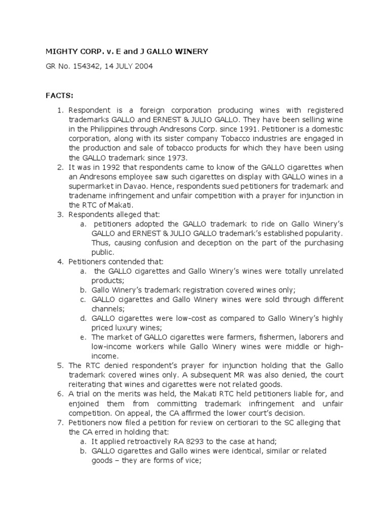 Trademark Dispute: Mighty vs. Gallo | PDF | Trademark Infringement ...