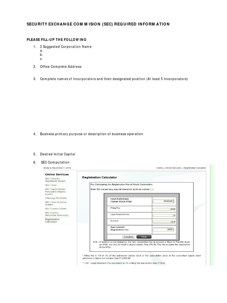Security Exchange Commision (Sec) Required Information: Please Fill-Up ...