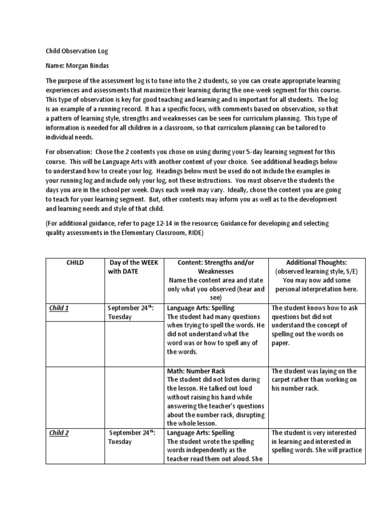 Child Observation Log for Learning Assessment | PDF | Learning Styles ...
