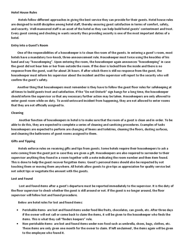 Hotel Housekeeping Rules and Guidelines | PDF | Housekeeping | Personal ...